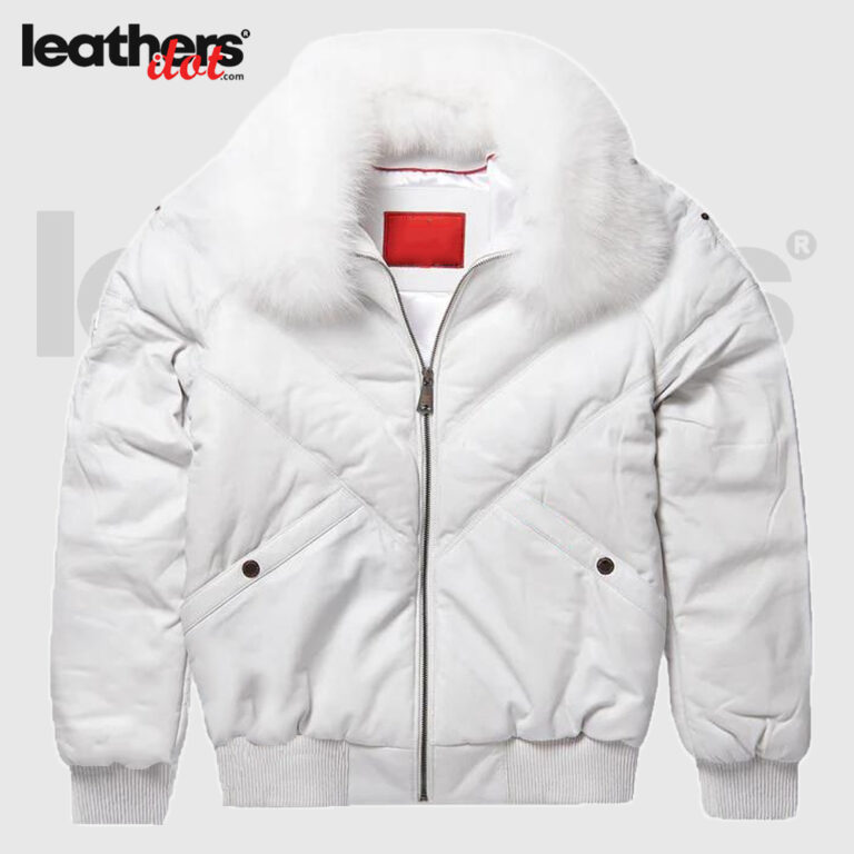 New Men's White V-Bomber Leather Jacket with White Fur Collar